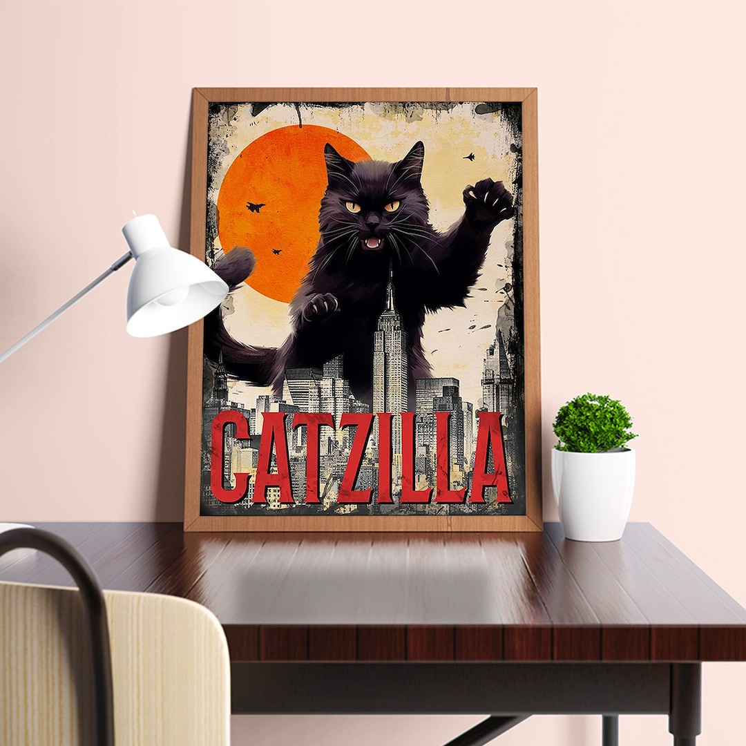 Catzilla Japanese Poster, Catzilla Black Cat Wall Art, Retro Cute Cat ...