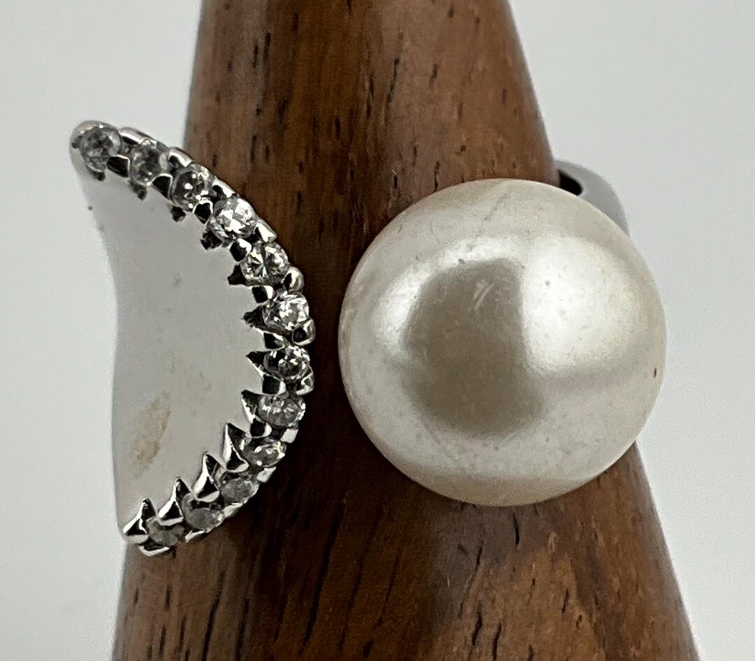 Vintage Cubic Zirconia & Pearl Sterling Silver Torque Ring, UK Size M ...