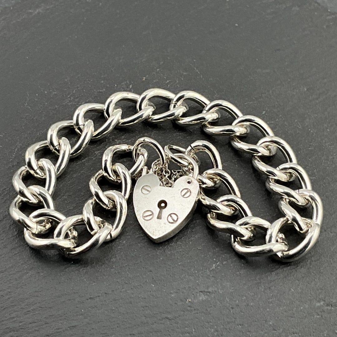 Vintage Heavy Sterling Silver Heart Padlock Charm Bracelet - Etsy