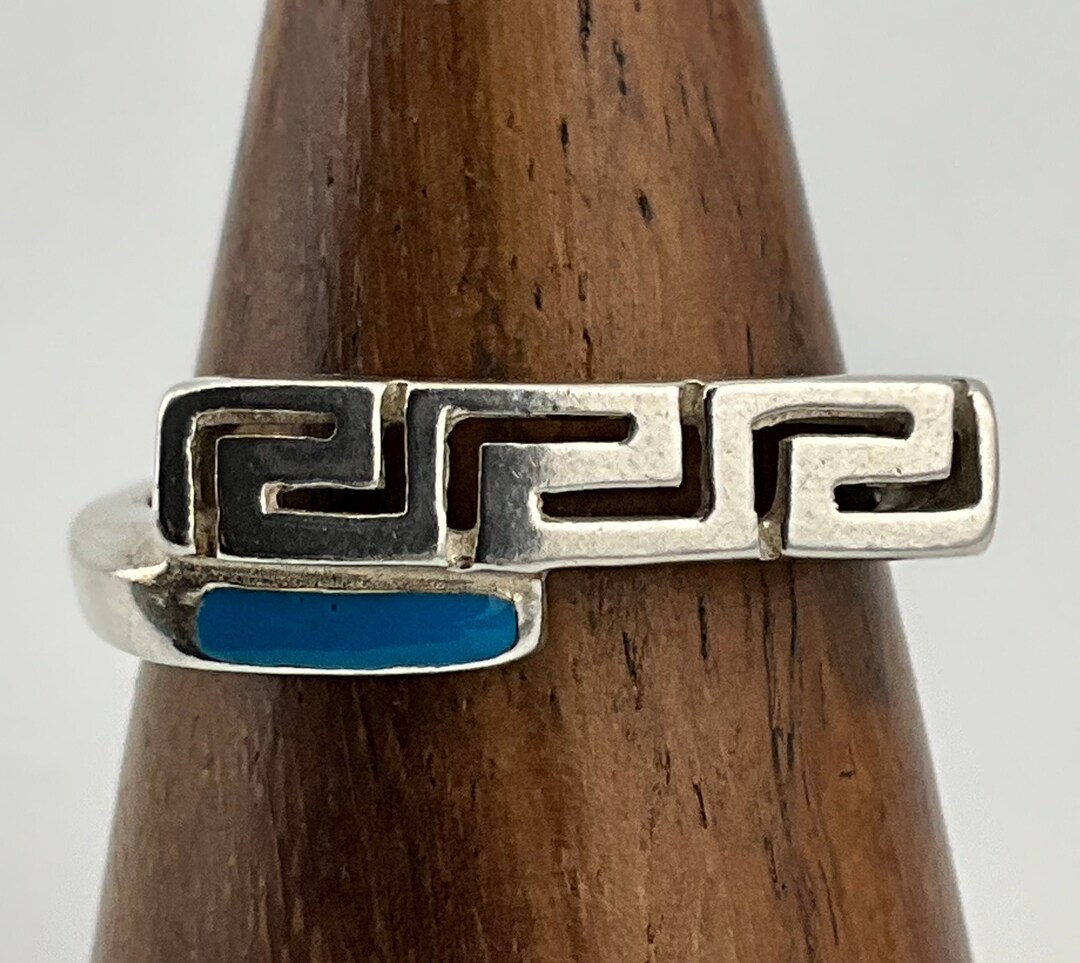 Vintage Greek Key Enamel Turquoise Sterling Silver Ring, UK Size Q, US ...