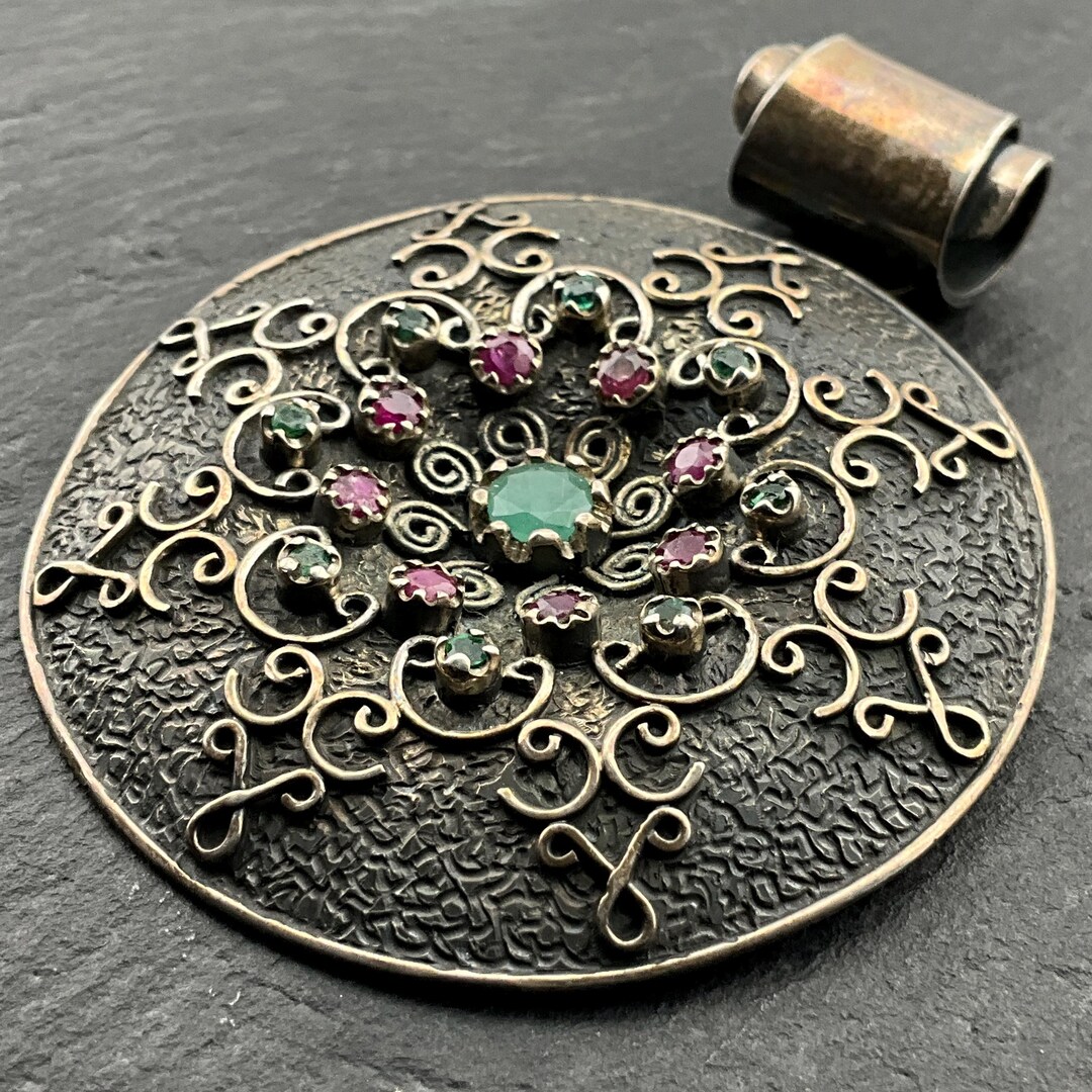 Vintage Ruby & Emerald Circular Sterling Silver Pendant - Etsy