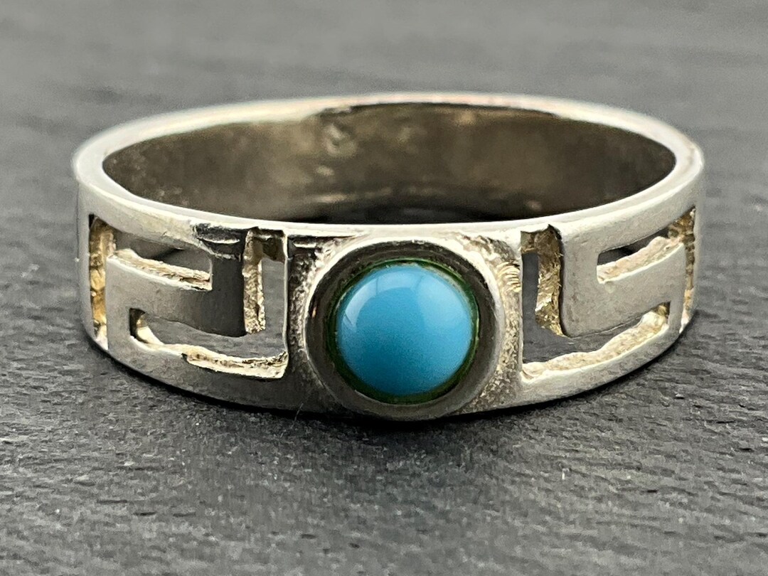 Vintage Greek Key Turquoise Sterling Silver Ring, UK Size Q1/2, US Size ...