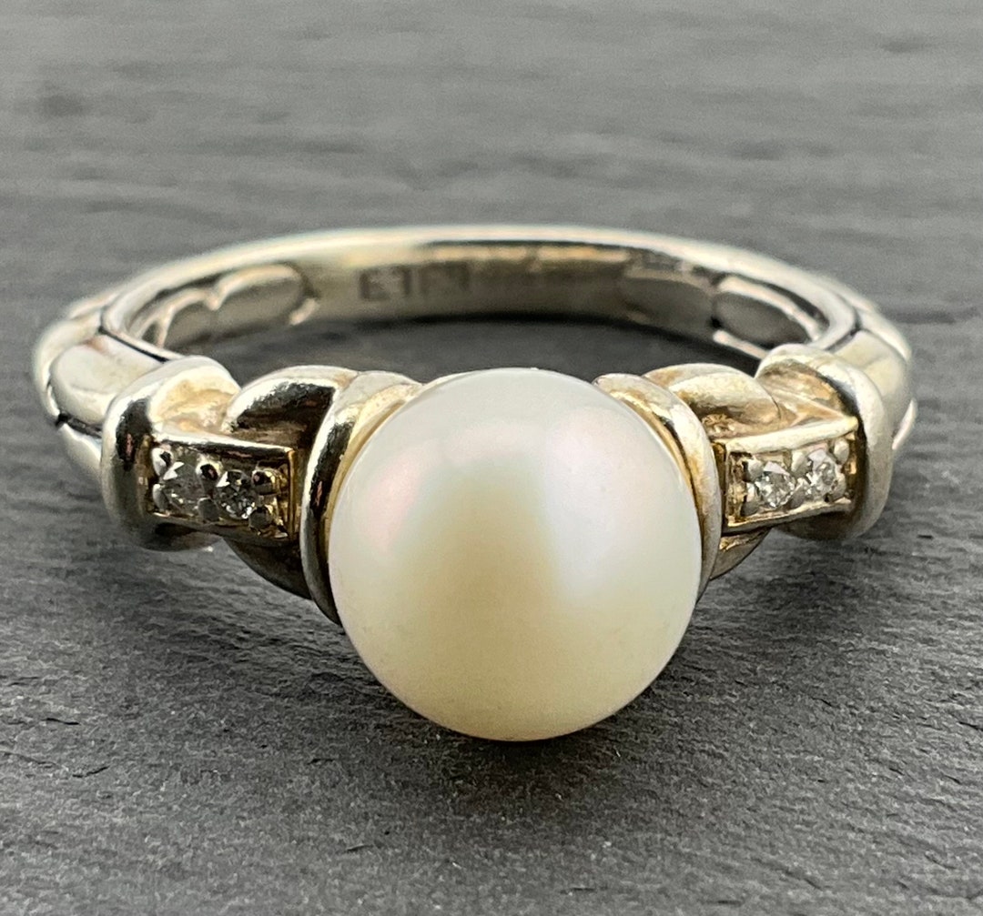 Genuine EFFY Pearl & Diamond Sterling Silver Solitaire Statement Ring ...