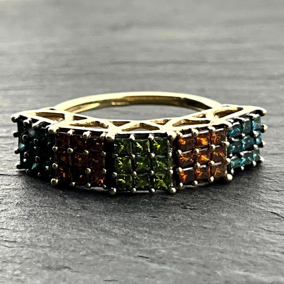 Vintage 9ct Gold Blue Red & Green Diamond Cluster Statement Ring, UK ...