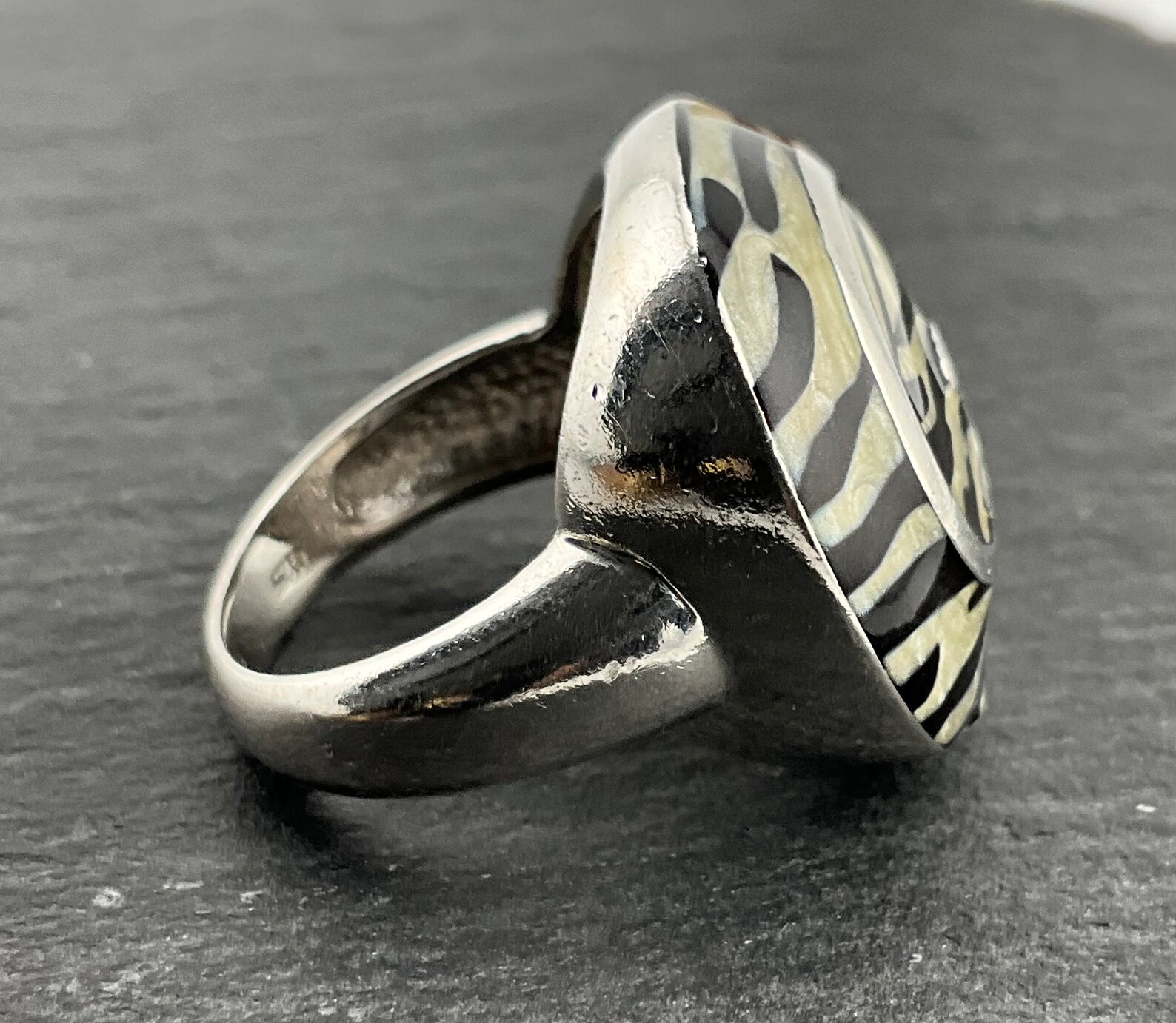 Vintage Inlaid Glass Zebra Stripes Sterling Silver Statement Ring, UK ...