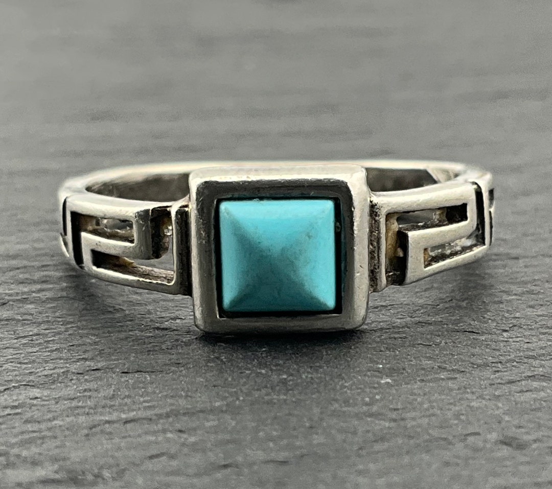Vintage Turquoise Greek Key Sterling Silver Ring, UK Size N1/2, US Size ...