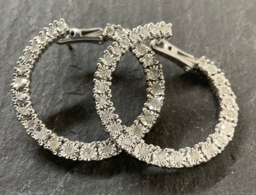 Vintage Sterling Silver Diamond Hoop Earrings - Etsy UK