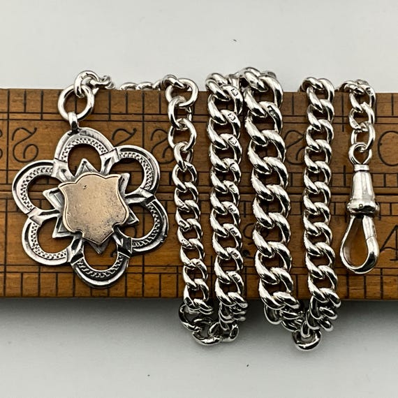 Antique Heavy Sterling Silver Pocket Watch T-Bar Chain - Gem
