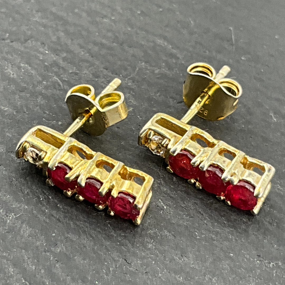 Vintage Ruby & Spinel 18ct Gold Gilded Sterling Silver Drop Stud ...