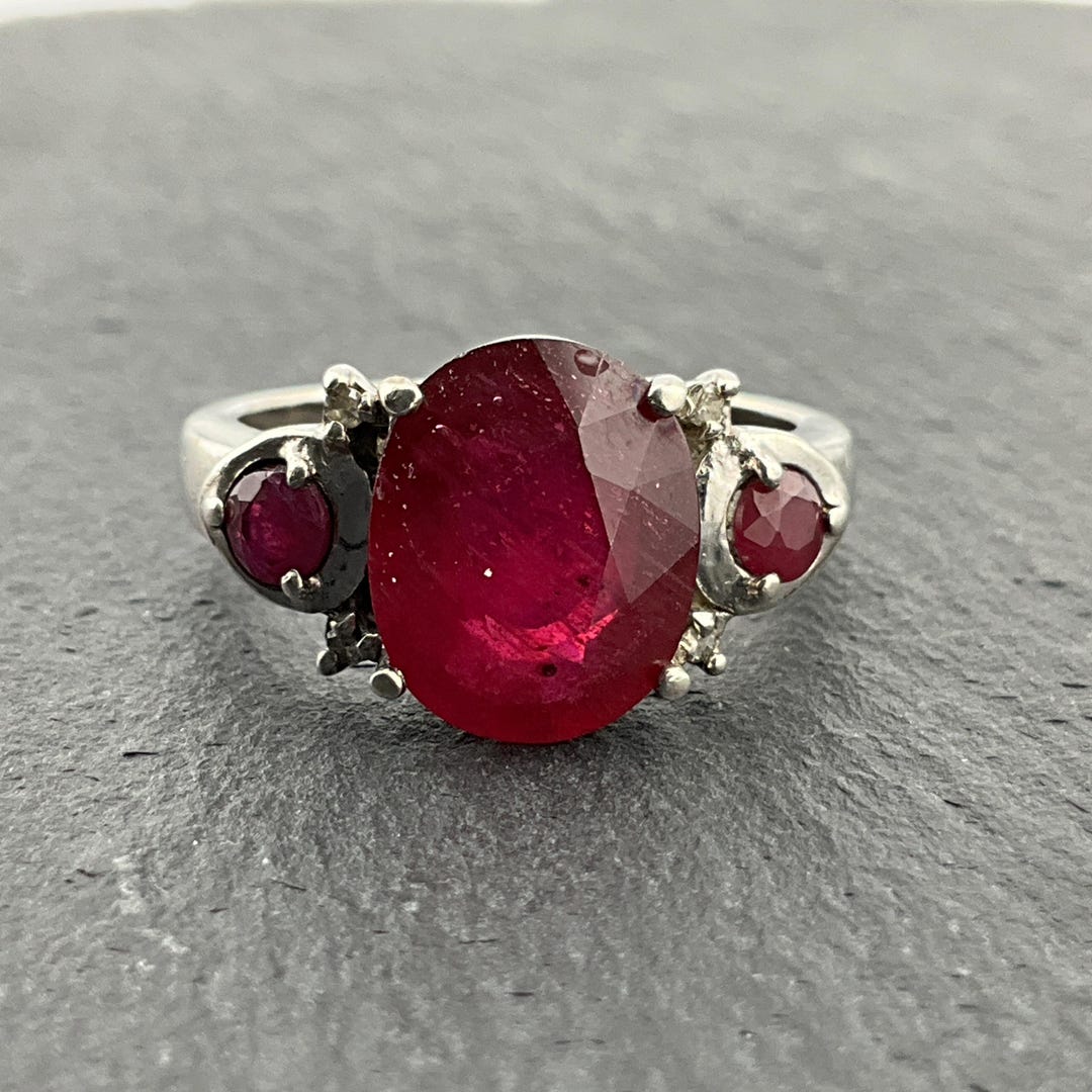 Vintage Ruby & Diamond Sterling Silver Fancy Ring, UK Size J1/2, US ...
