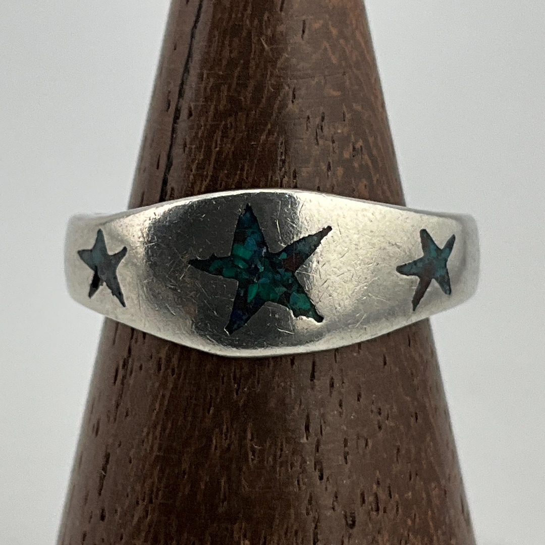 Vintage Crushed Turquoise Inlay Sterling Silver Navajo Star Pinky Torc ...