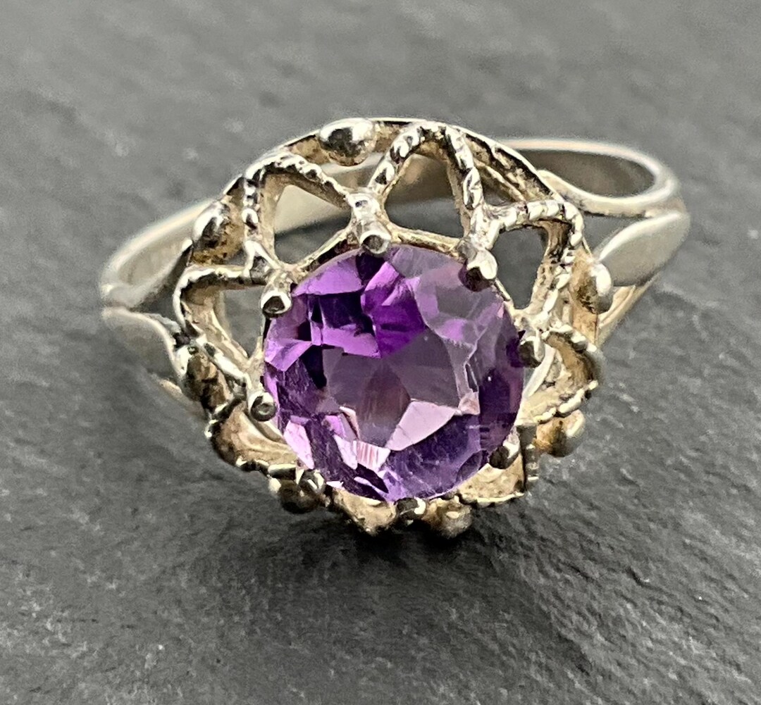 Vintage Amethyst Sterling Silver Floral Fancy Solitaire Ring, UK Size M ...