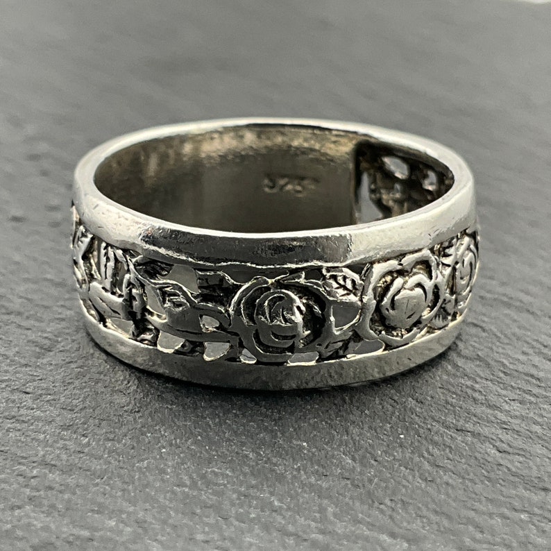 Vintage Floral Sterling Silver Wide Band Ring, UK Size S, US Size 9 1/4 ...