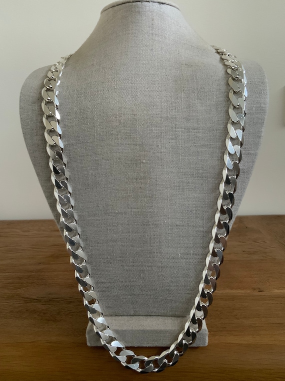 Vintage Super Heavy Long Sterling Silver Curb Necklace - Gem