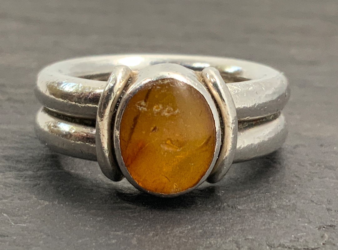 Vintage Amber Sterling Silver Chunky Double Band Solitaire Ring, UK ...