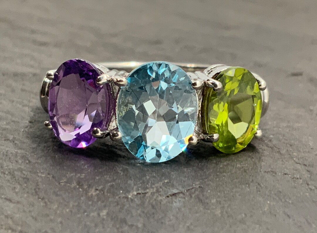 Vintage Amethyst, Topaz & Peridot Sterling Silver Three Stone Statement ...