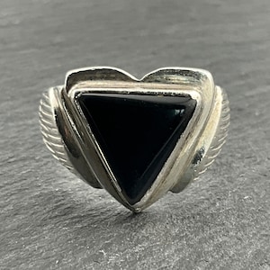 Vintage Triangle Black Onyx Sterling Silver Statement Ring, UK Size T ...