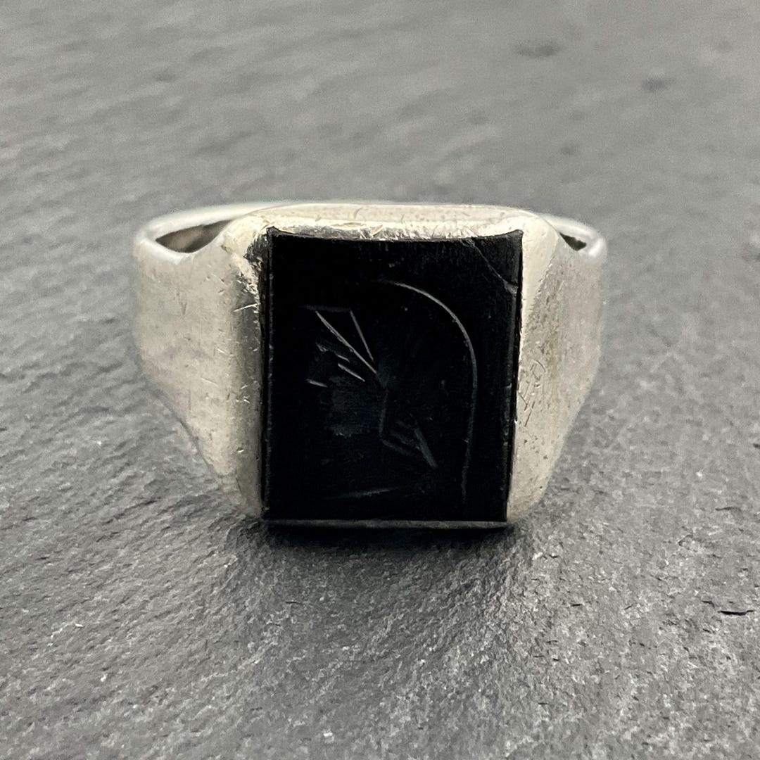 Vintage Hematite Centurion Head Sterling Silver Signet Ring, UK Size R ...