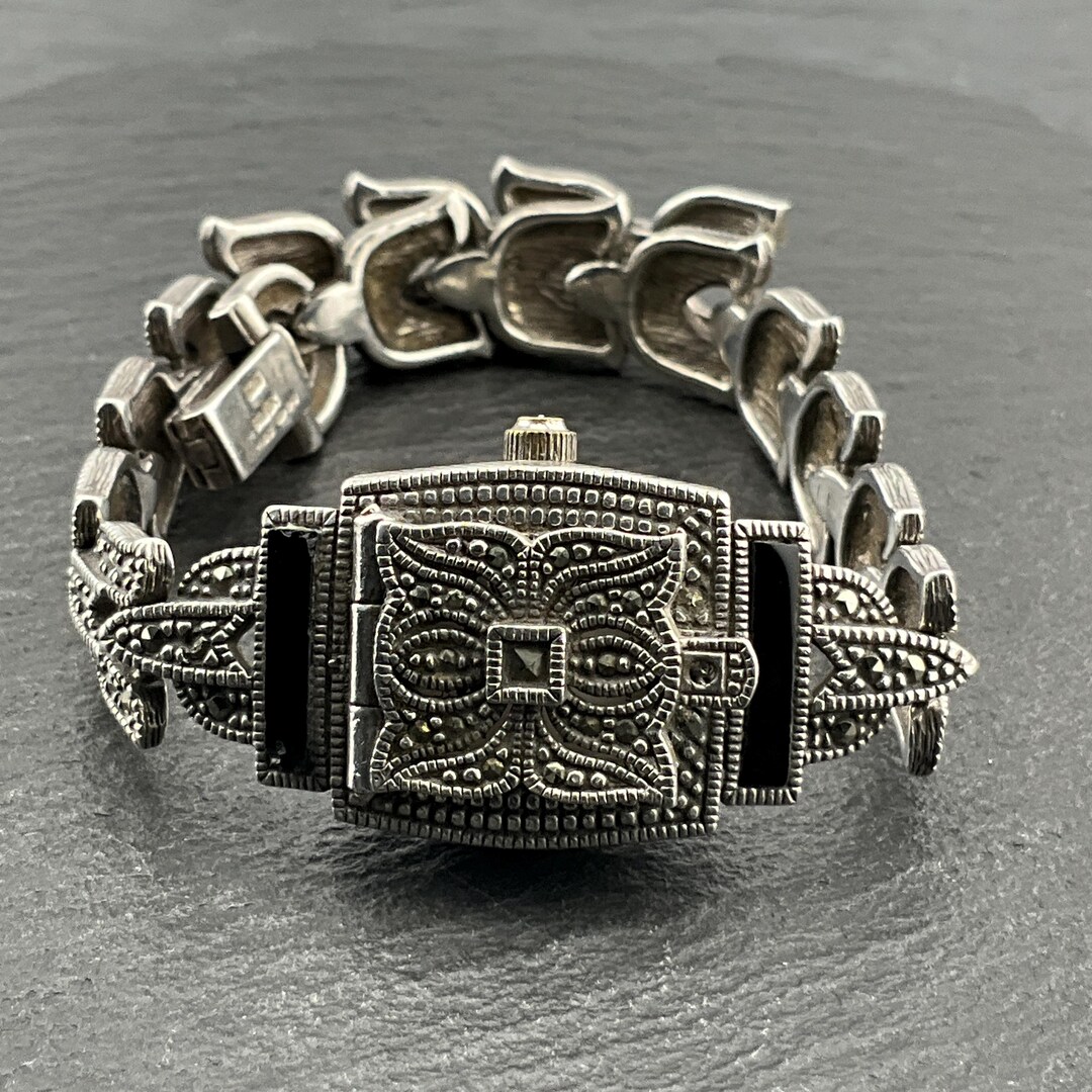 Vintage Heavy Marcasite Solid Sterling Silver Fancy Locket Wrist Watch ...