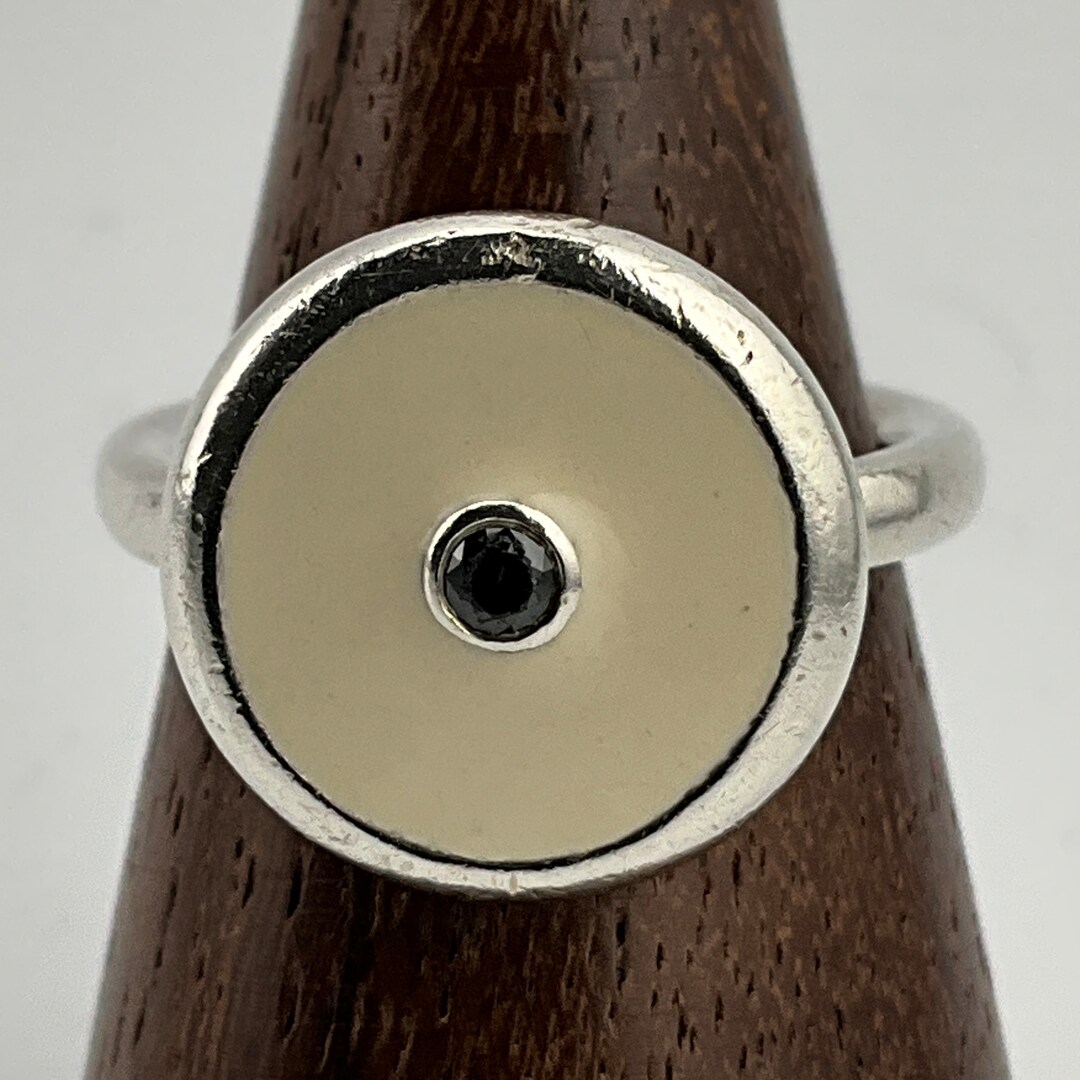 Genuine Pandora Onyx & Enamel Sterling Silver Statement Ring, UK Size O ...