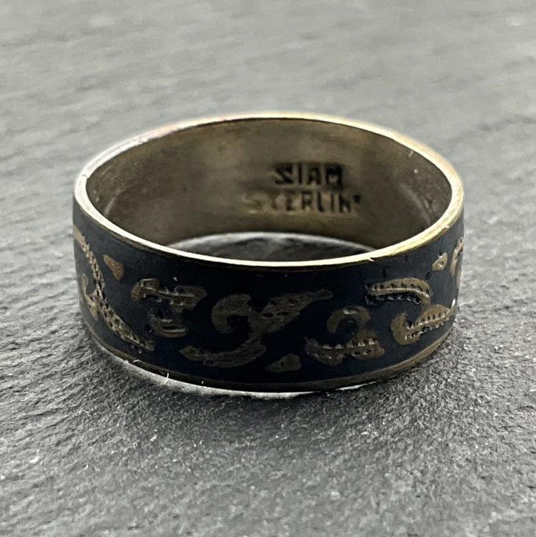 Vintage Niello Siam Sterling Silver Band Ring, UK Size L, US Size 5 1/2 ...