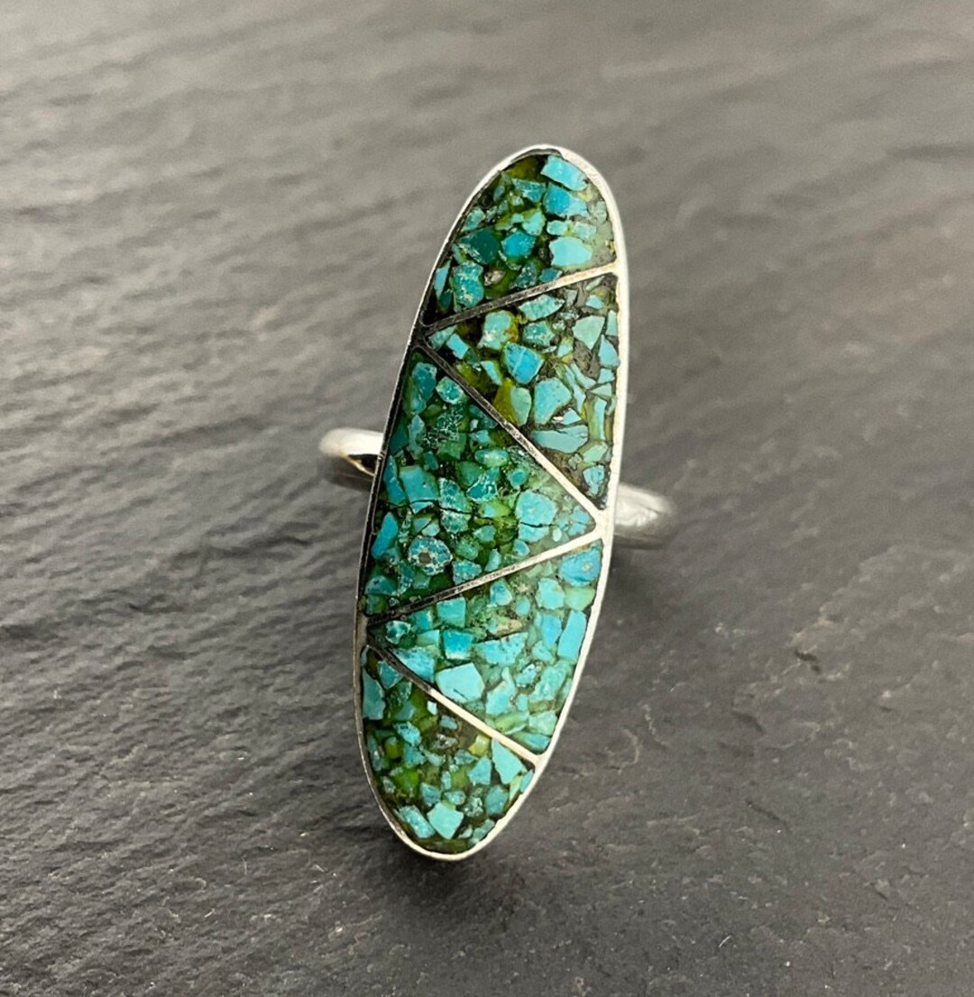 Vintage Turquoise Chip Inlay Sterling Silver Statement Ring, UK Size N1 ...