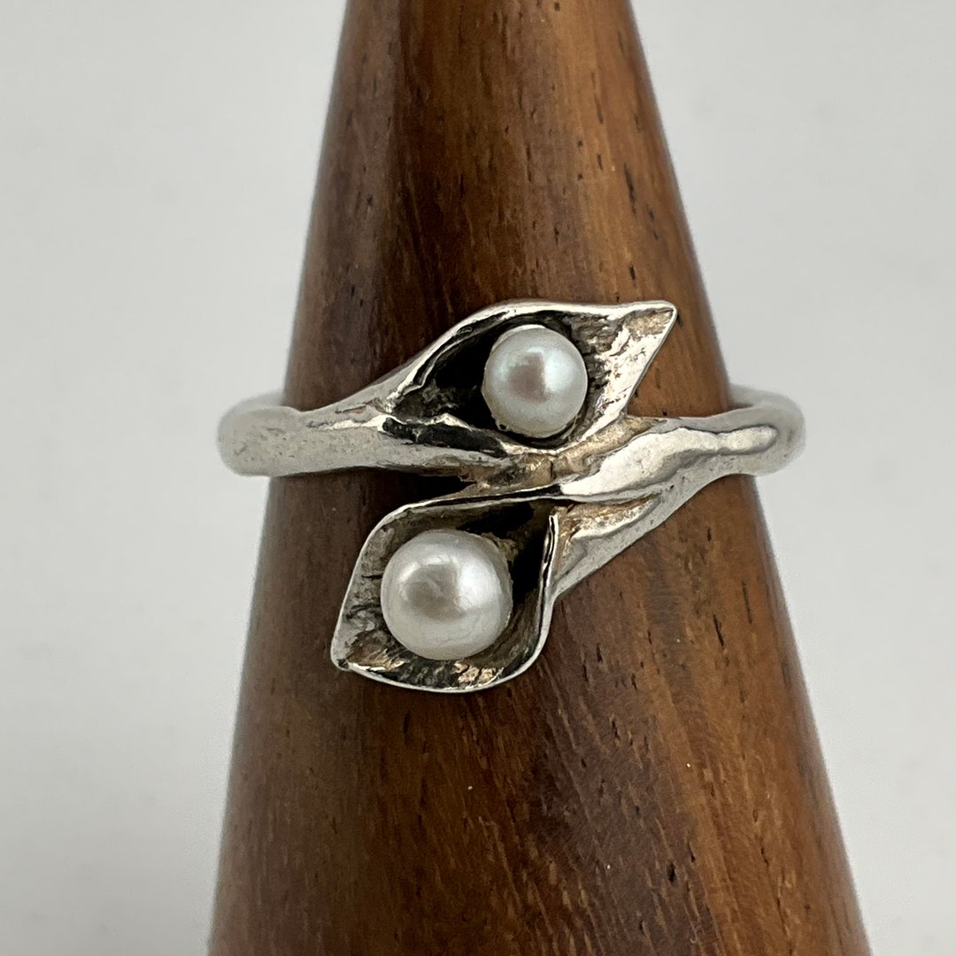 Vintage Pearl Sterling Silver Calla Lily Ring, UK Size N, US Size 6 1/2 ...