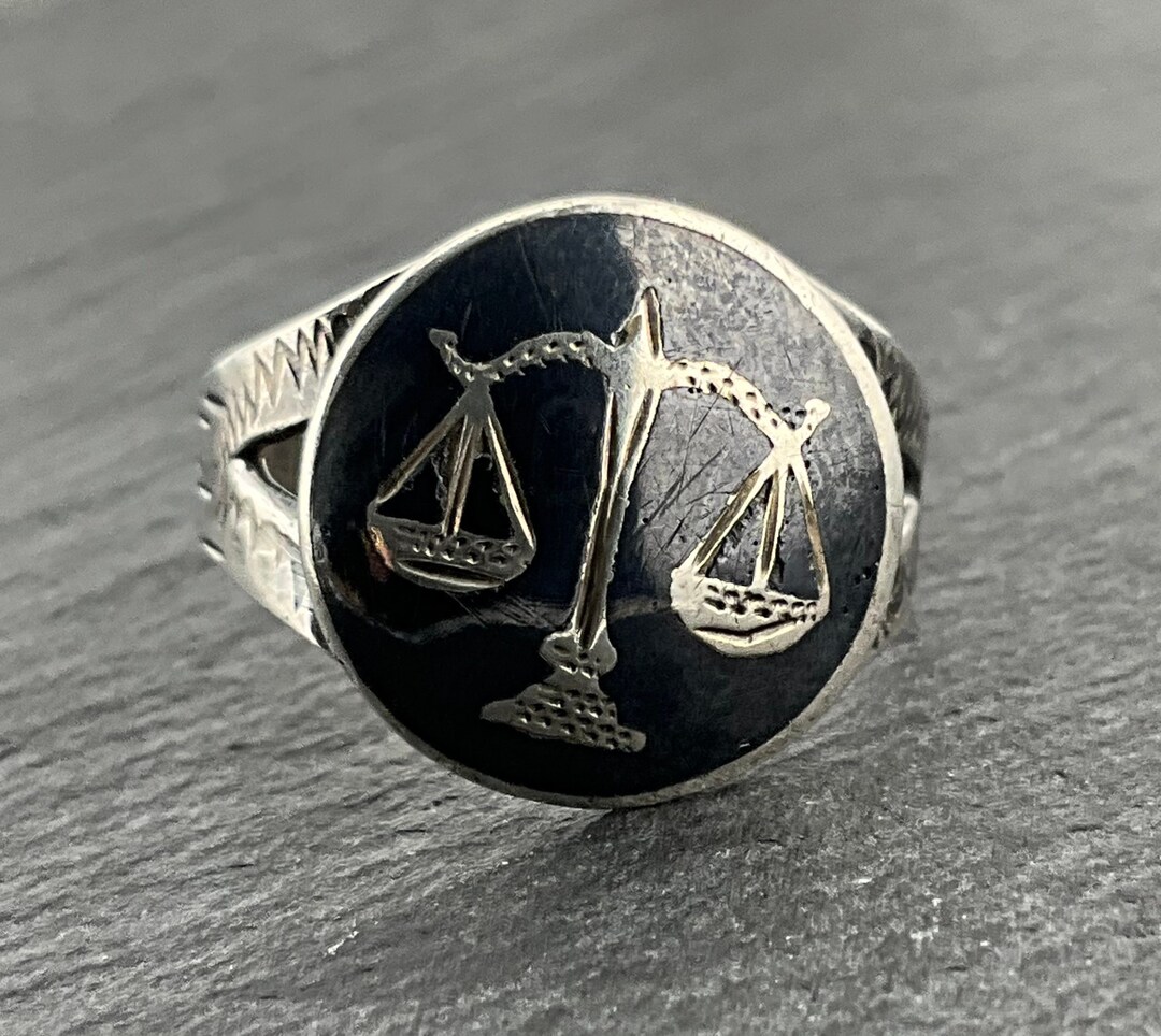 Vintage Enamel Scaled of Justice Sterling Silver Torque Ring, UK Size O ...
