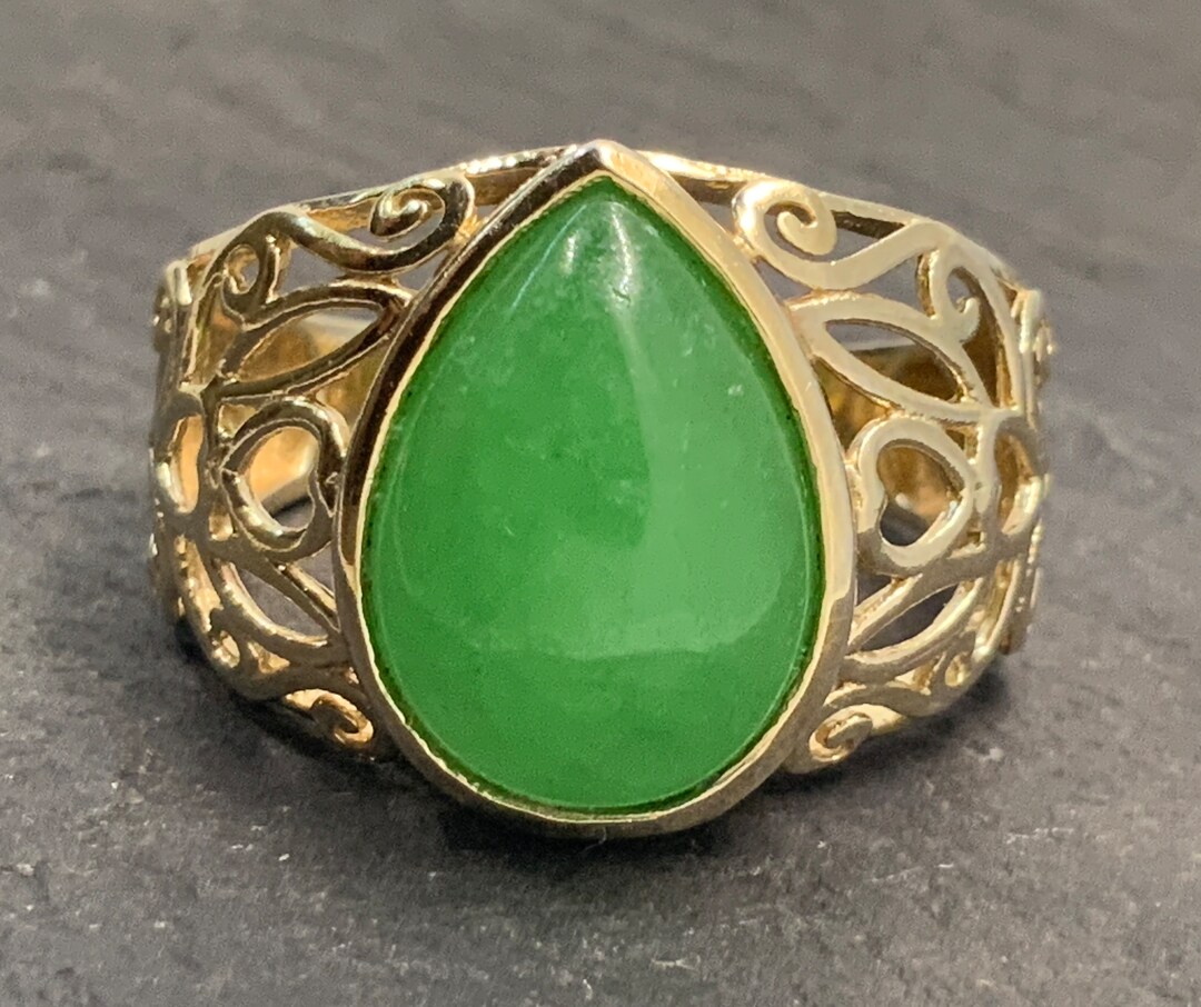 Vintage Jade Teardrop 18ct Gold Gilded Ring, UK Size O, US Size 7, EU ...