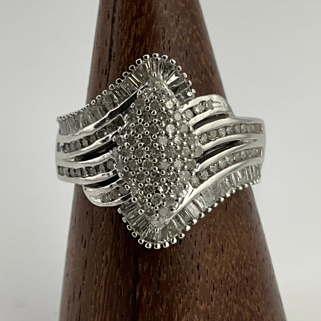 Vintage Diamond Sterling Silver Cluster Statement Ring, UK Size P, US ...