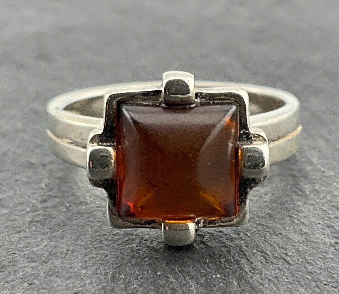 Vintage Amber Sterling Silver Square Solitaire Ring, UK Size N, US Size ...