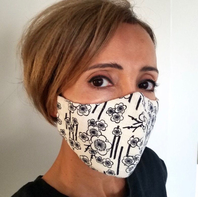 Japanese Printed Face Mask Customizable Nara Homespun Sakura White ...