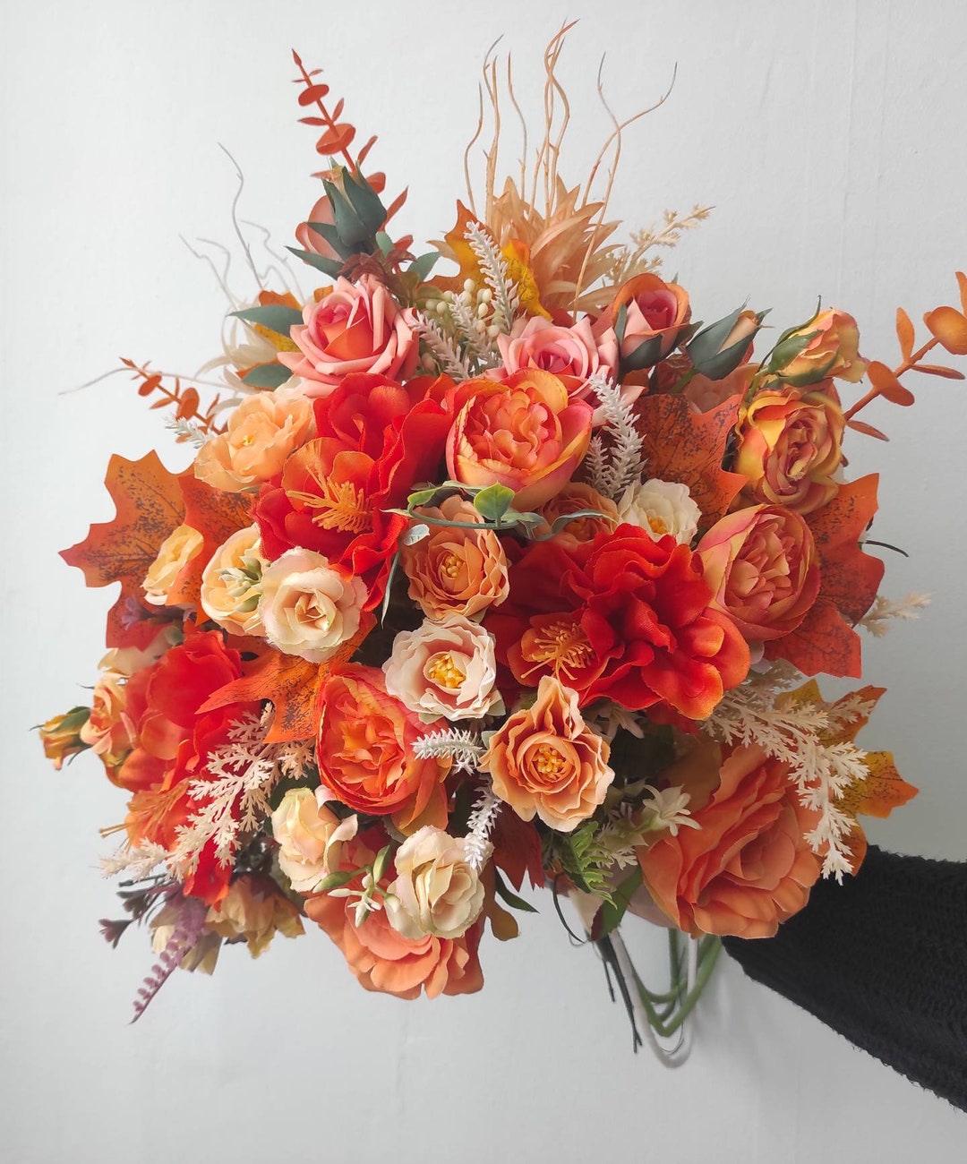 Burnt Orange Fall Wedding Bouquet With Maple Leaves for Bride, Fake ...