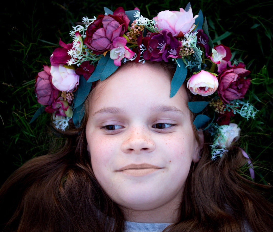 Burgundy Fake Flower Crown Flower Girl Crown Headband for Girls and ...