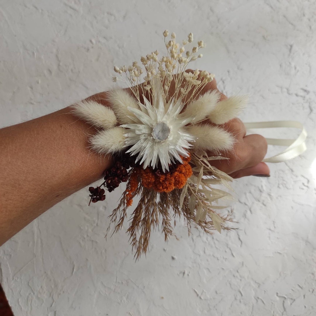 Wrist Fall Corsage for Wedding, Bridesmaid Corsage, Blush Rust Orange ...