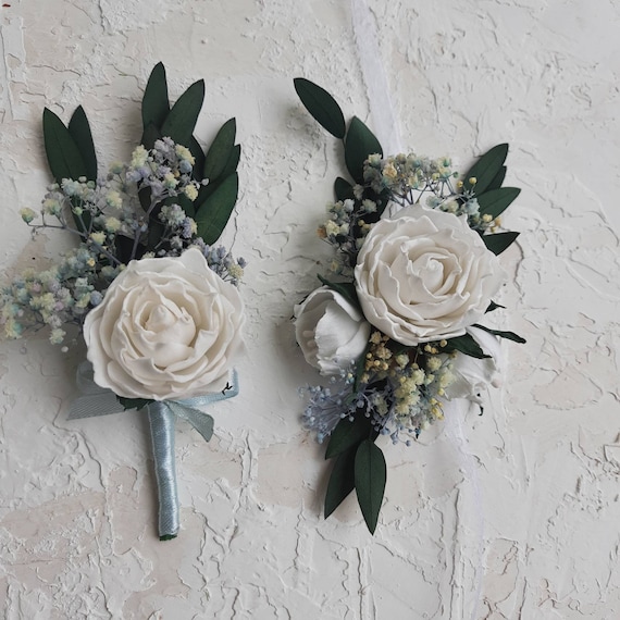 Dusty Blue Flower Corsage and Boutonniere Set Wedding | Etsy