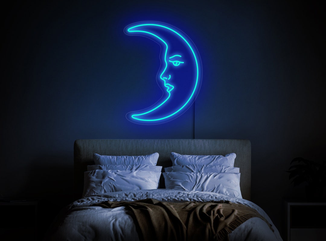 Moon Neon Light, Moon Face Neon Sign, Moon Light Sign, Crescent Moon ...