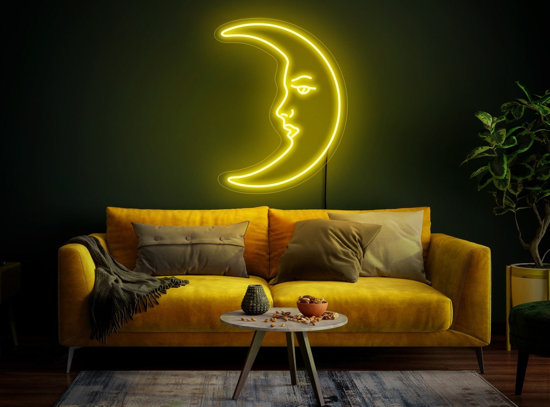 Moon Neon Sign, Moon Face Light Sign, Moon Led Sign, Crescent Moon Sign ...