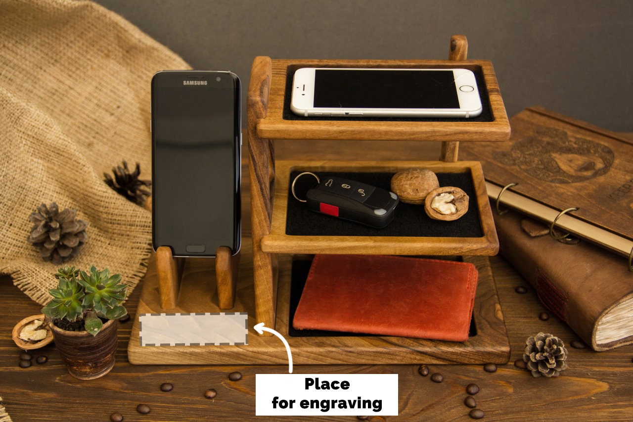 Desk Organizer With Phone Holder Personalized Wooden Organizer - Etsy