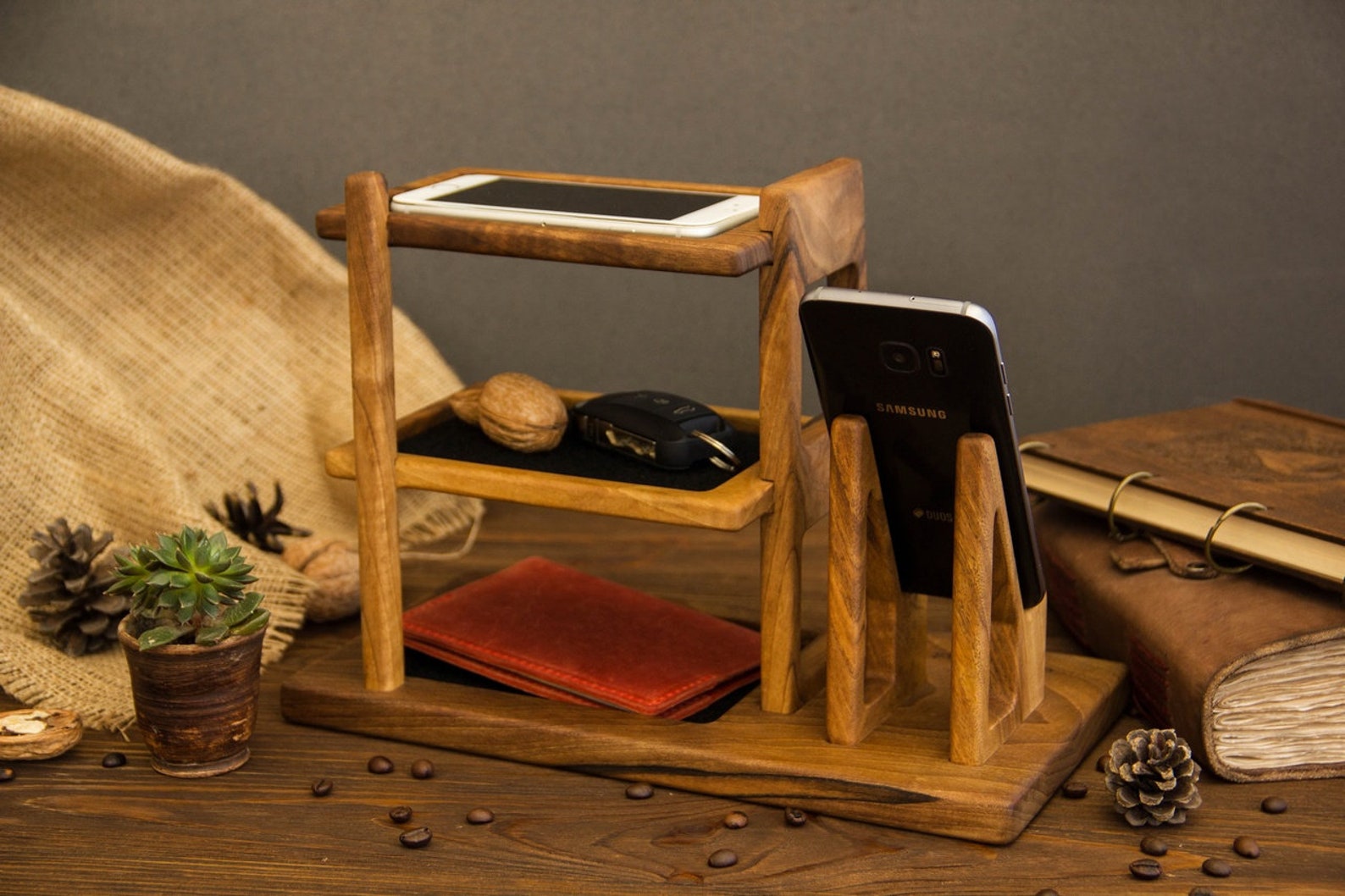 Desk Organizer With Phone Holder Personalized Wooden Organizer - Etsy