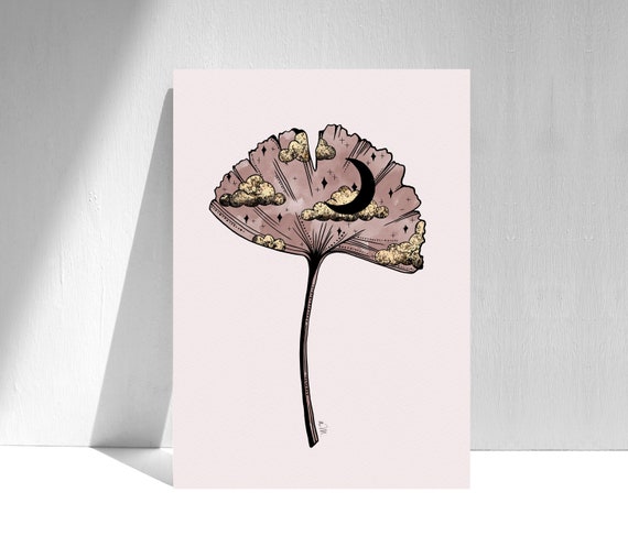 GINKO LEAF ARTPRINT Good Luck Gift Moon & Ginko Wall Art | Etsy