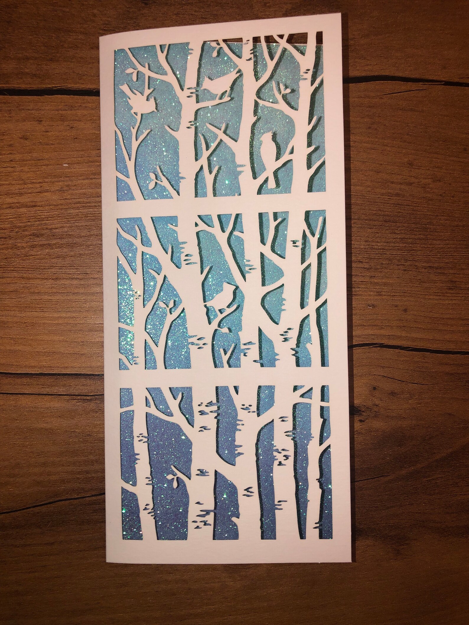 Papyrus Glittering Blue Trees and Birds Christmas Card and Envelope ...