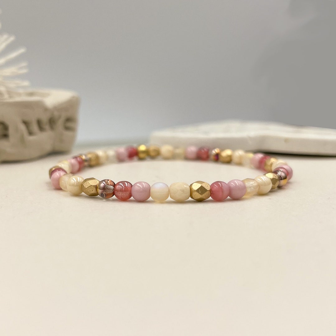 Blush Czech Glass Bead Small Bracelet, Boho Stretch Thin Bracelets ...