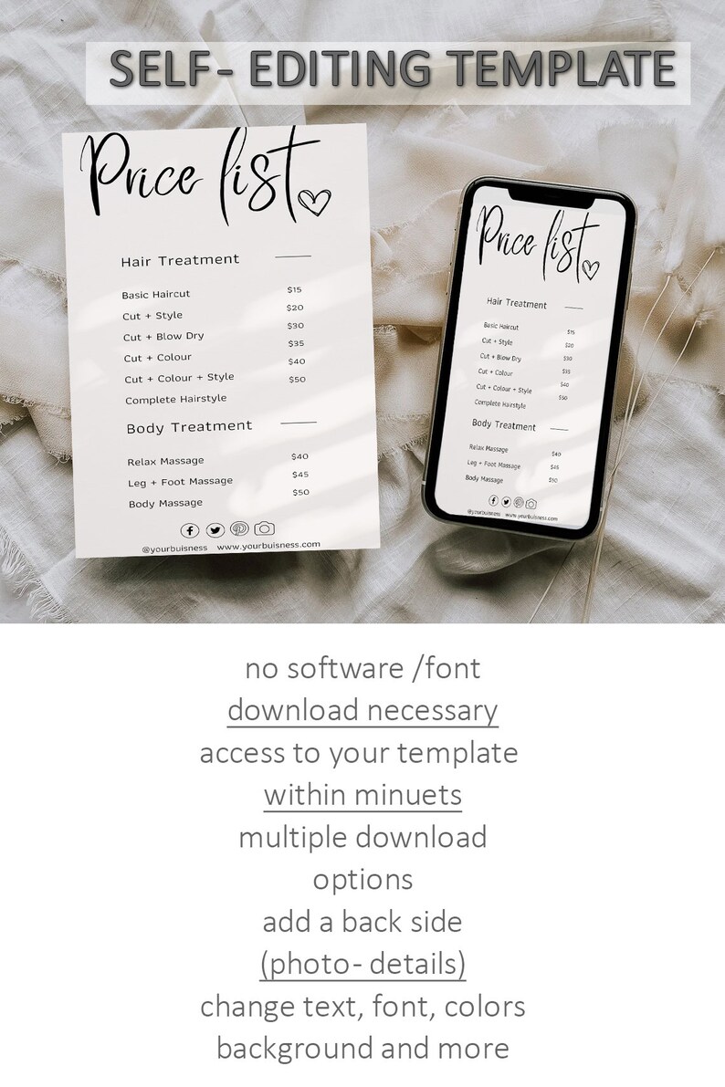 Price List Template, Small Business Price List, Editable Price Sheet, Pricing List Instagram ...