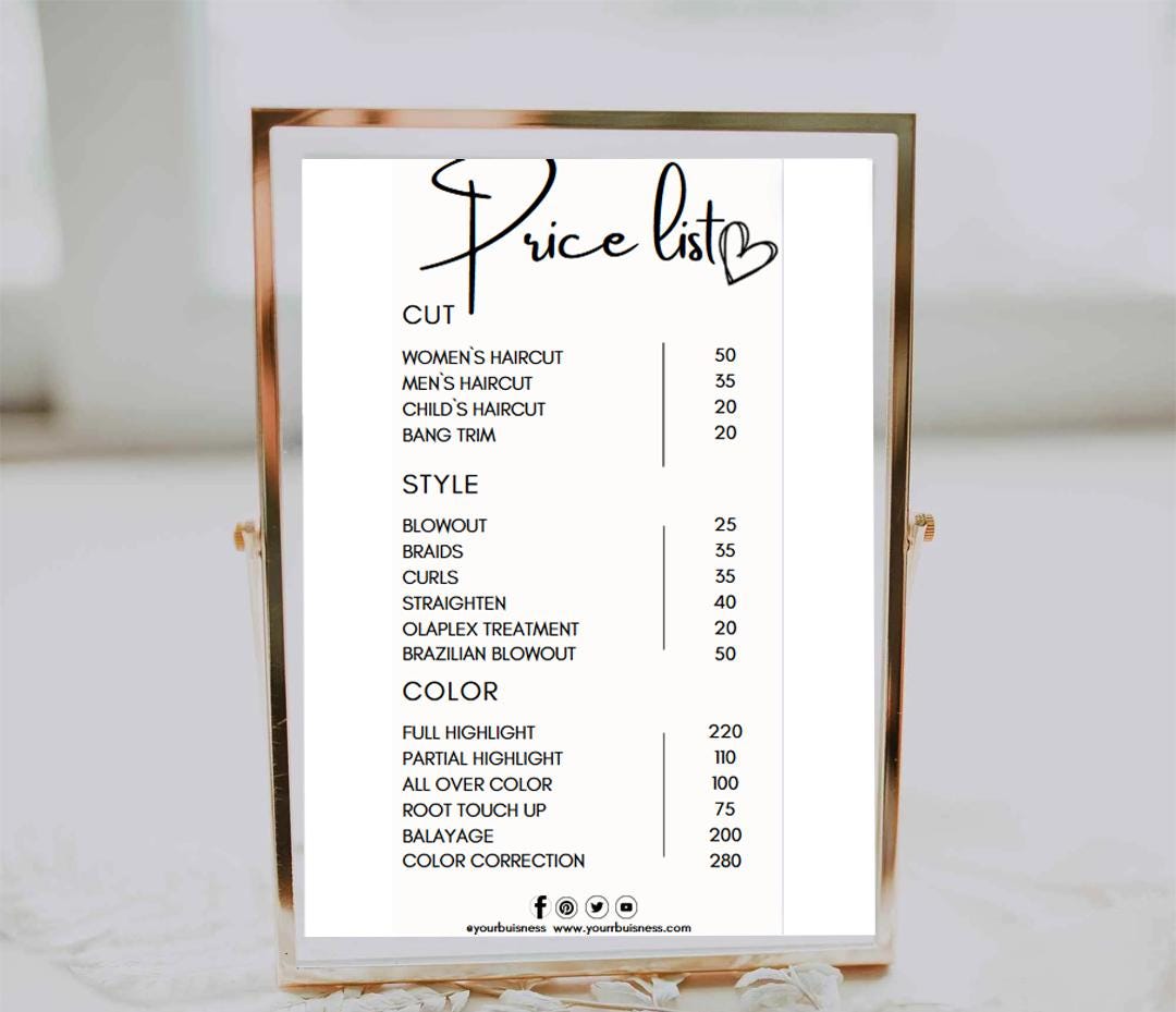 Price List Template, Small Price List, Editable Price Sheet, Pricing ...