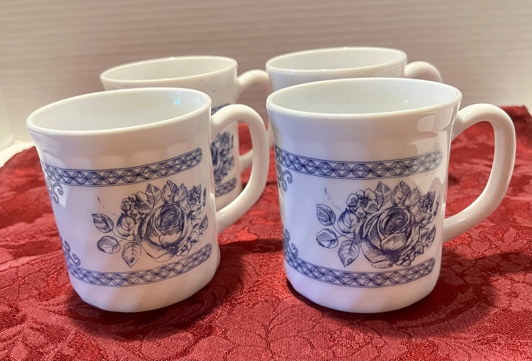 Coffee Mugs Opal Glass With Blue Roses Arcopal France - Etsy