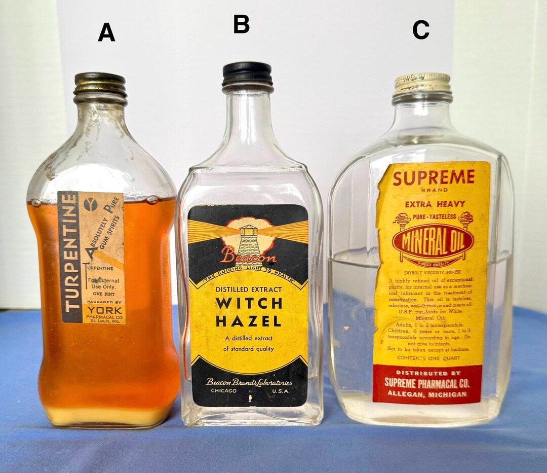 Vintage Large Bottles-turpentine Liniment, Distilled Witch Hazel and ...
