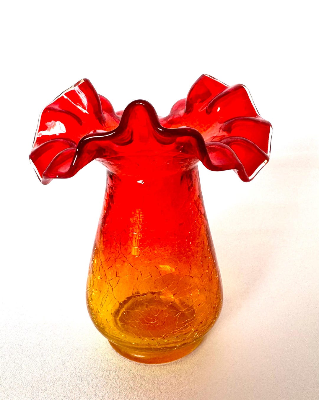 Vintage Blenko Vase Tangerine Crackle Double Ruffle With Silver Line 5 ...