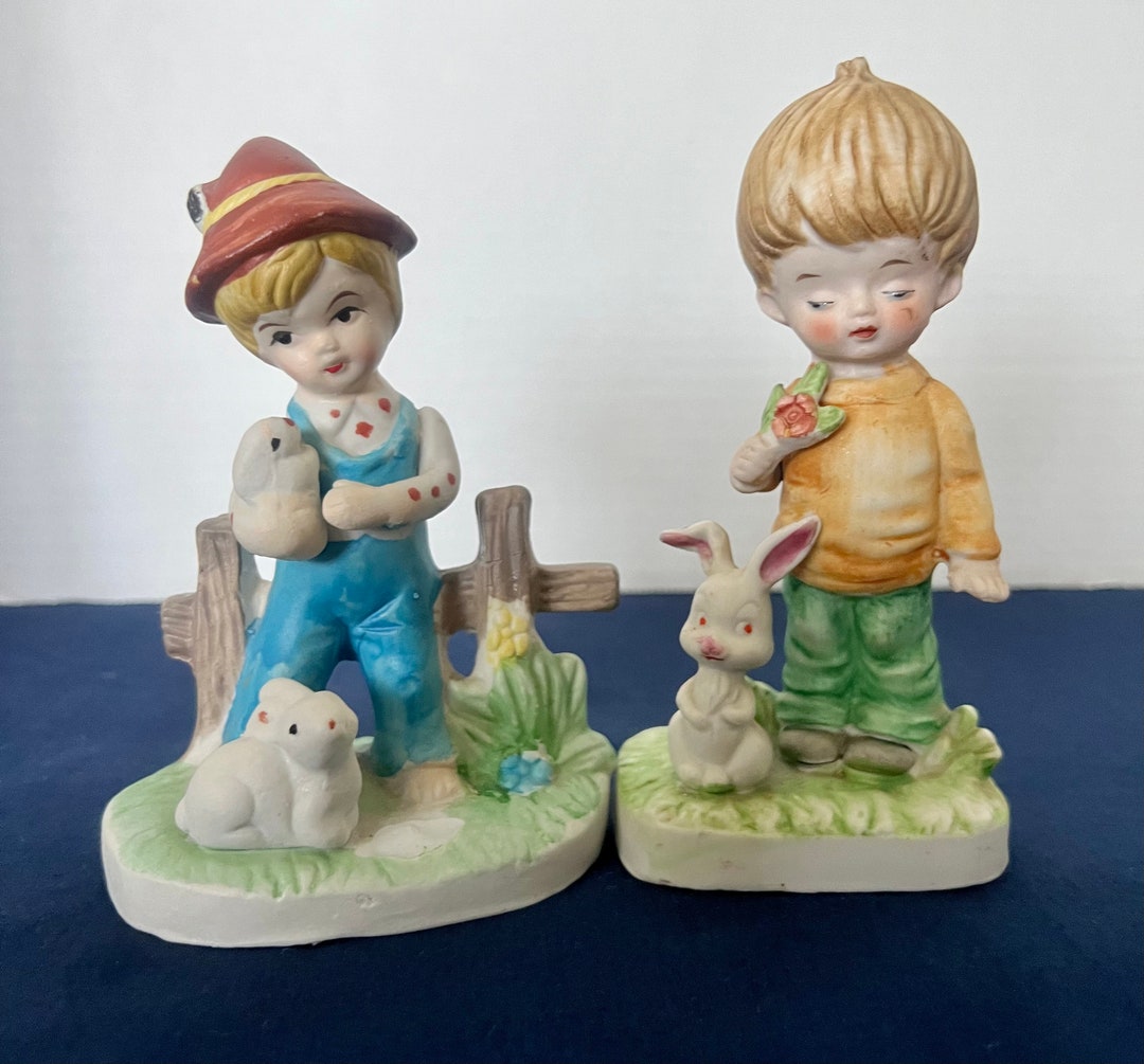 Vintage Figurines Little Boys With Pet Rabbits - Etsy