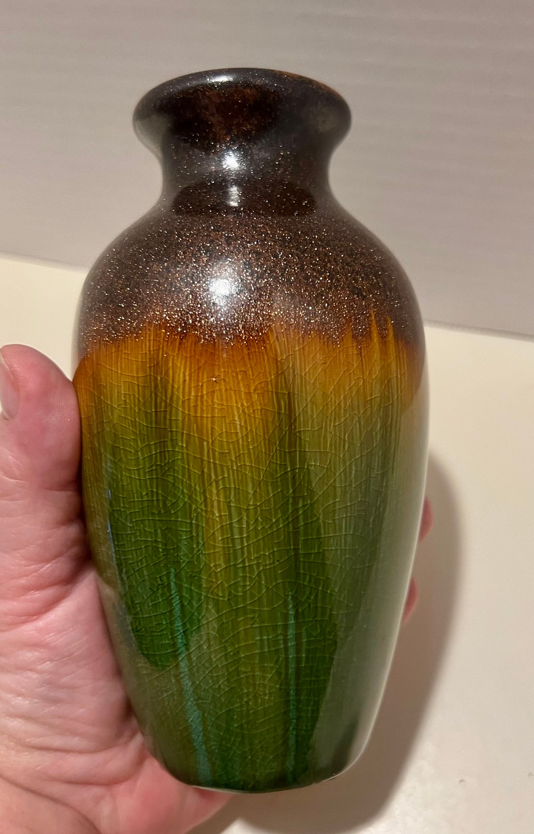 Clay Bud Vase/ Beautiful Sparkle Brown Top and Crackel Green Base. - Etsy